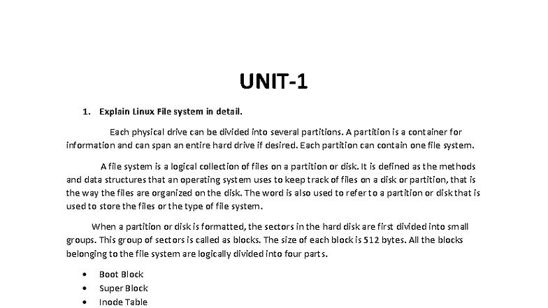 UNIT1QB - Detailed Overview of Linux File System and Features - Studocu