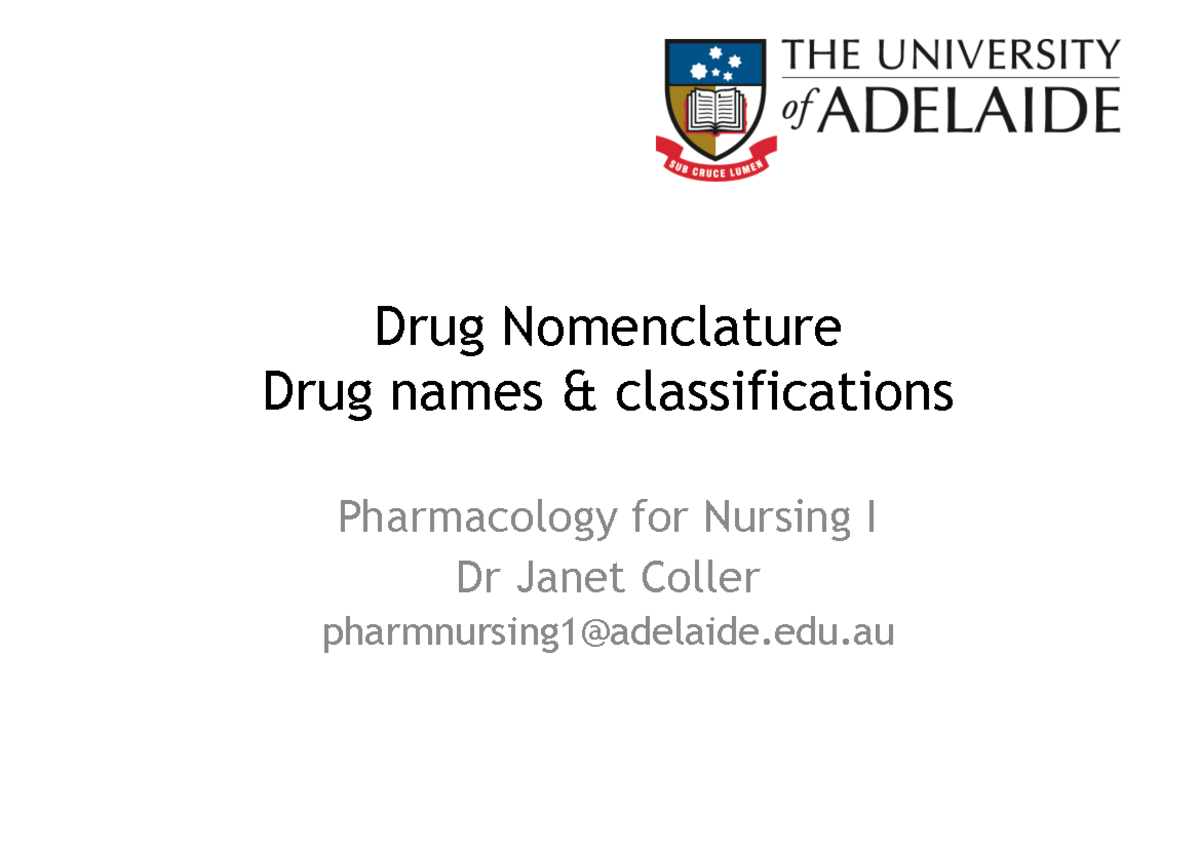 PHAR101 Lecture Notes: Drug Naming & Classification in Pharmacology ...