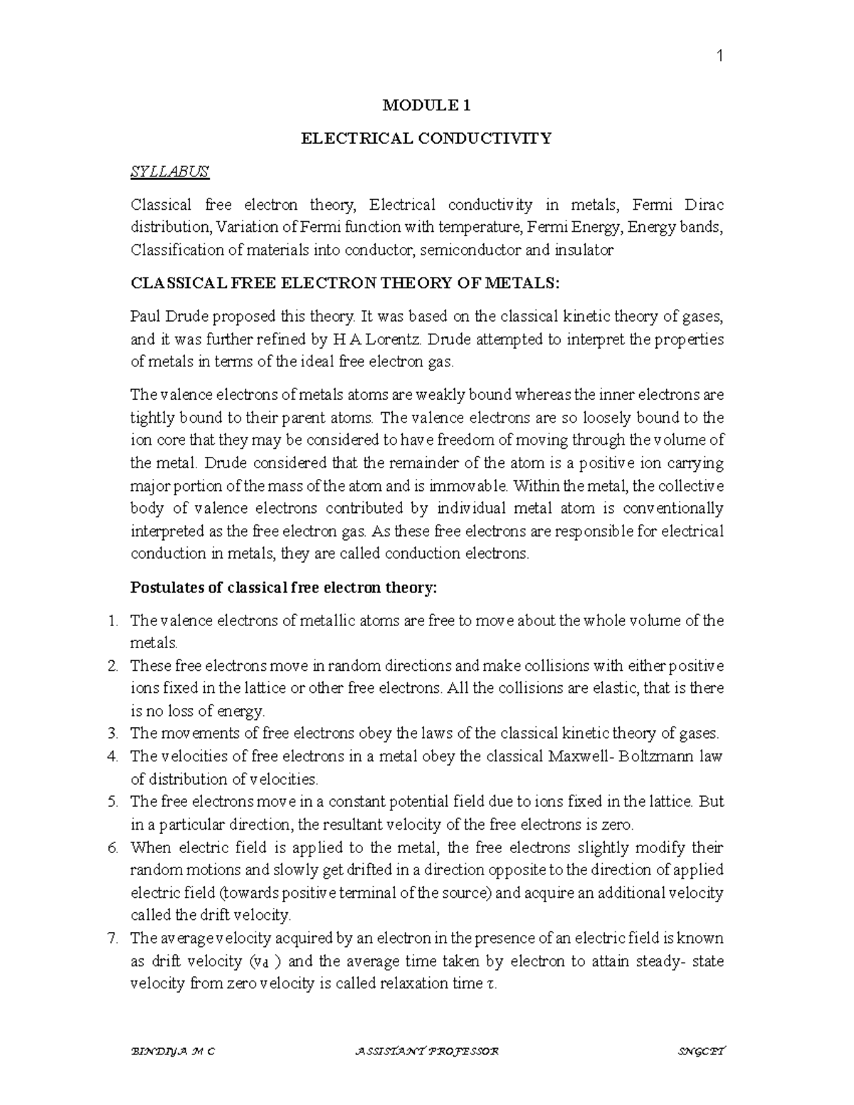 1 MODULE 1: ELECTRICAL CONDUCTIVITY SYLLABUS (SNGCET) - Studocu