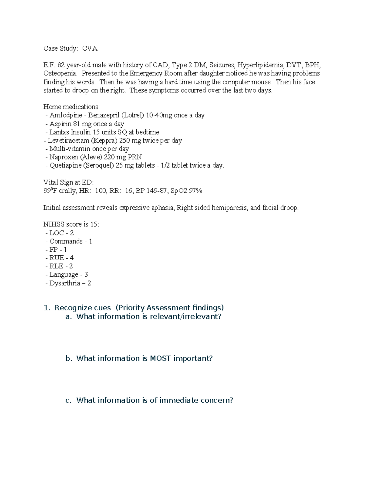 CVA Case Study: E.F. 82 y/o with CAD, DM, and Neurological Symptoms - Studocu