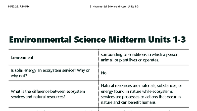 D6 - Environmental Science Midterm Study Guide on Ecosystem Services ...