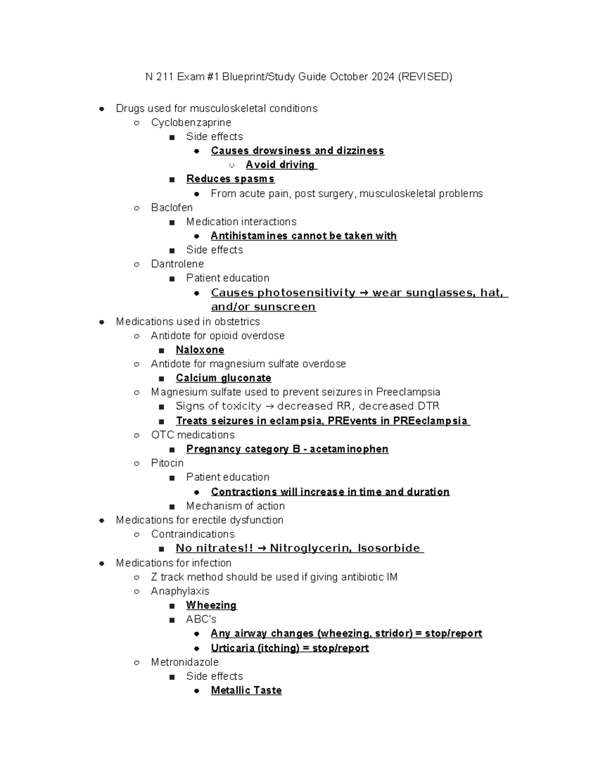 N211 Exam 1 Revised Study Guide: Medications Overview & Details - Studocu