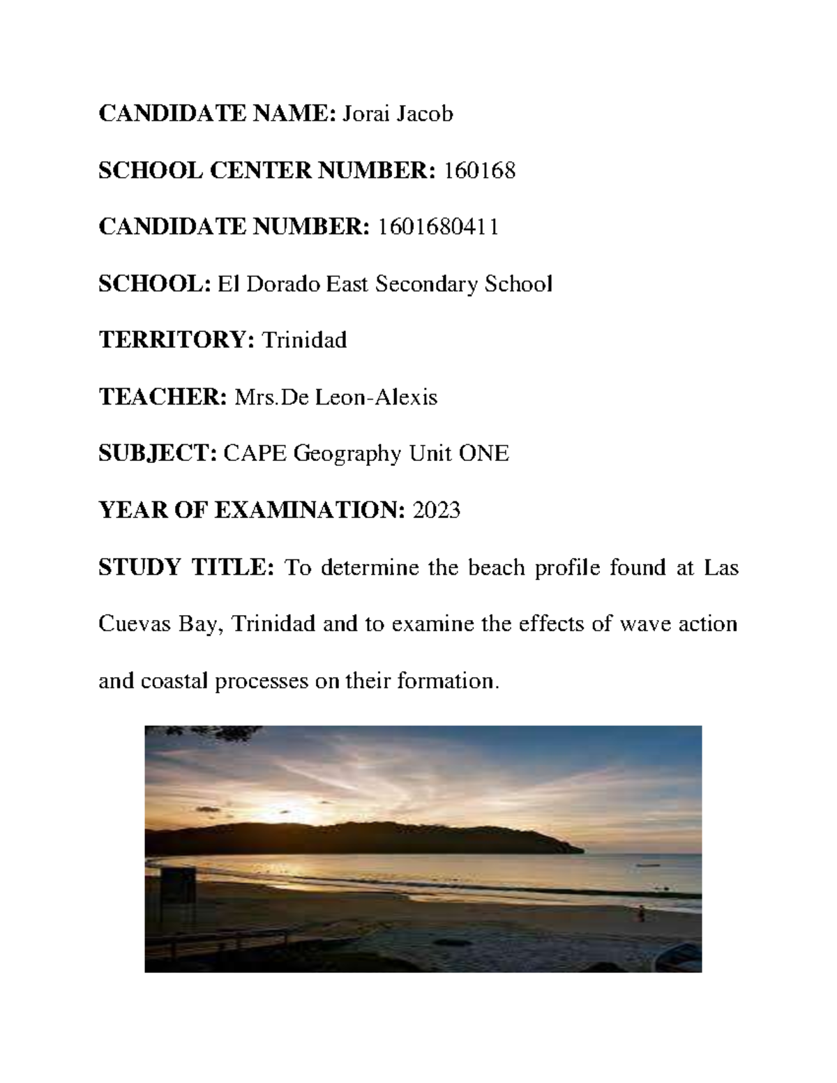 CAPE Geography Unit 1 Case Study: Beach Profile at Las Cuevas Bay - Studocu