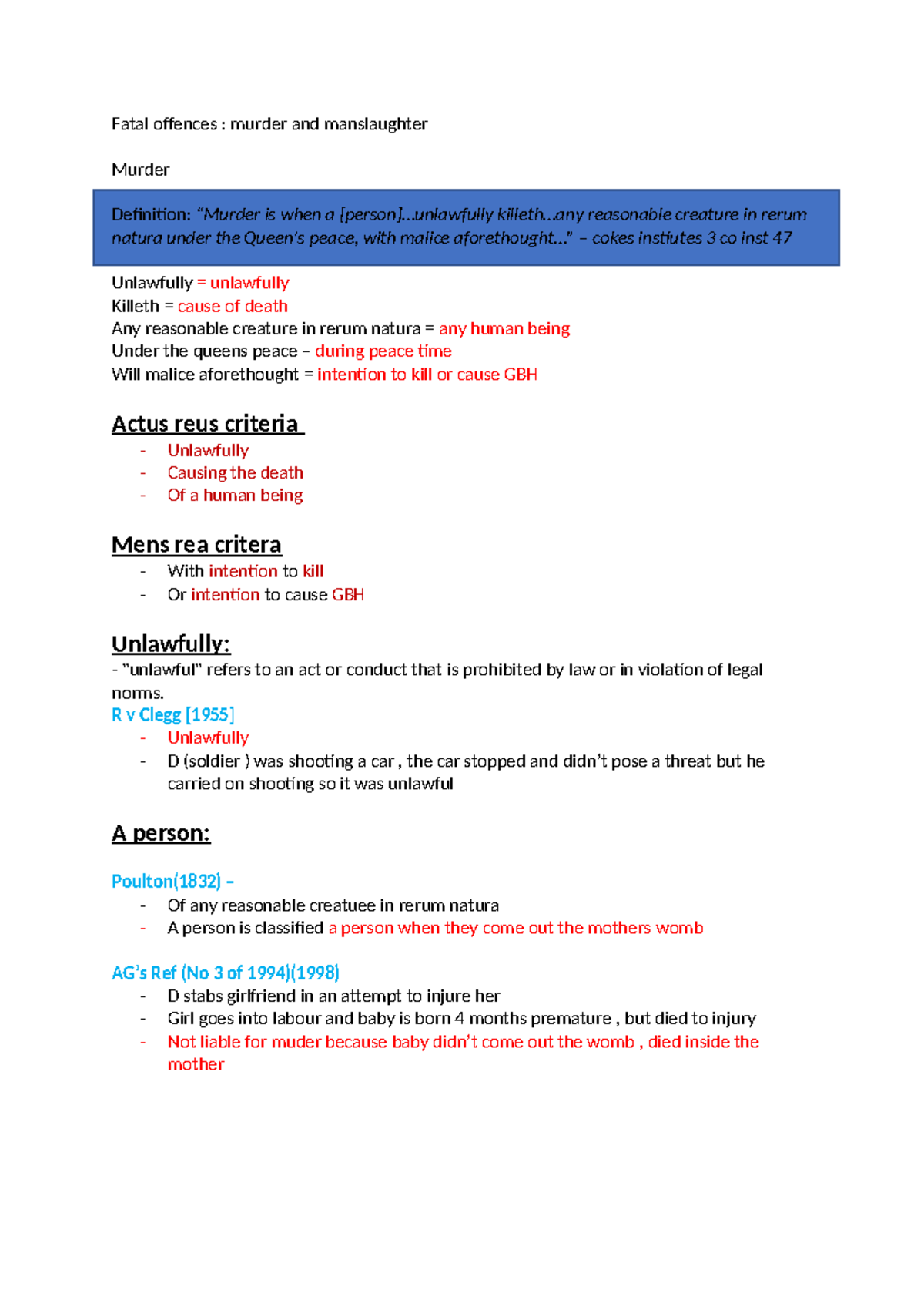 Fatal Offences (LAW101) - Murder: Legal Concepts and Criteria Explained ...
