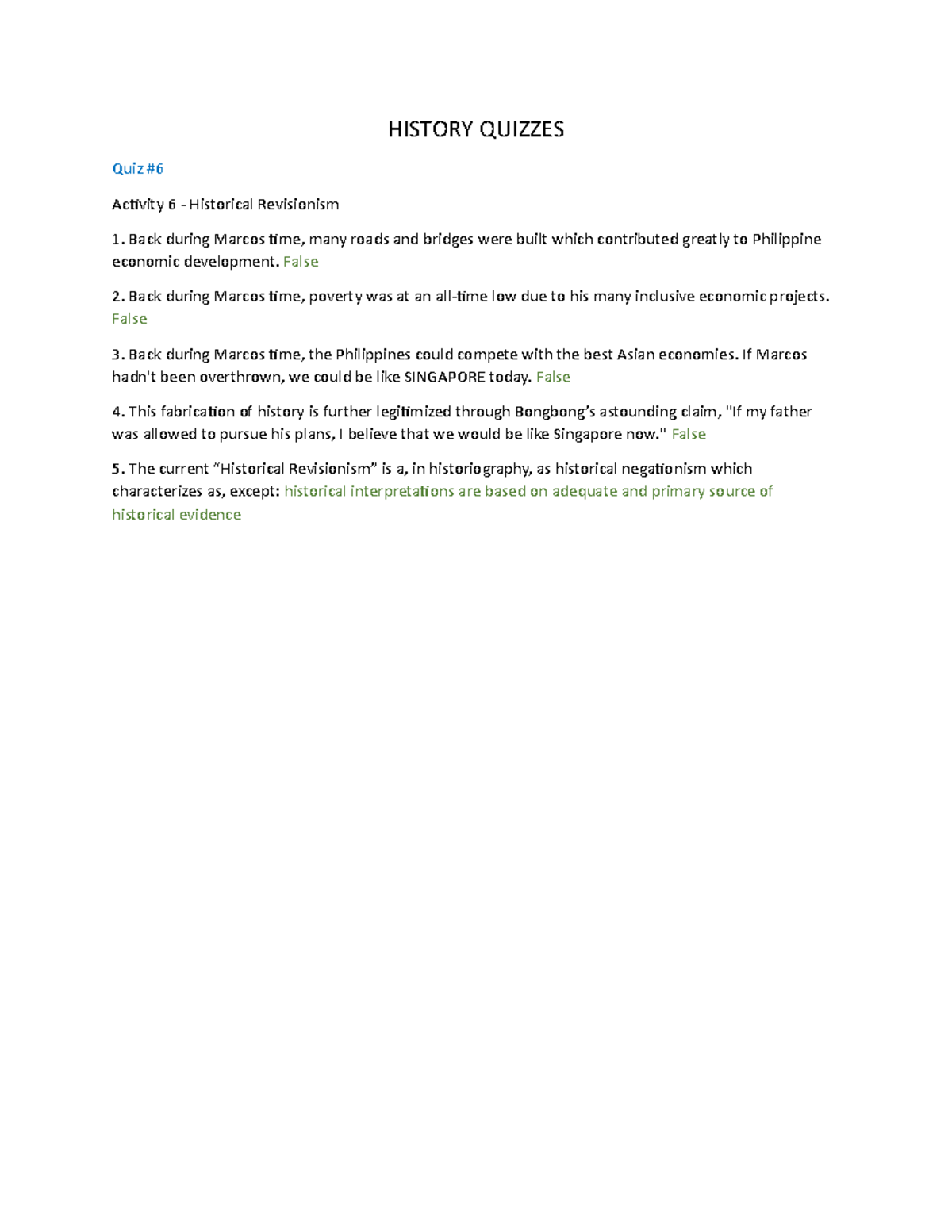 History Quiz #6 (Historical Revisionism) - HISTORY QUIZZES Quiz ...