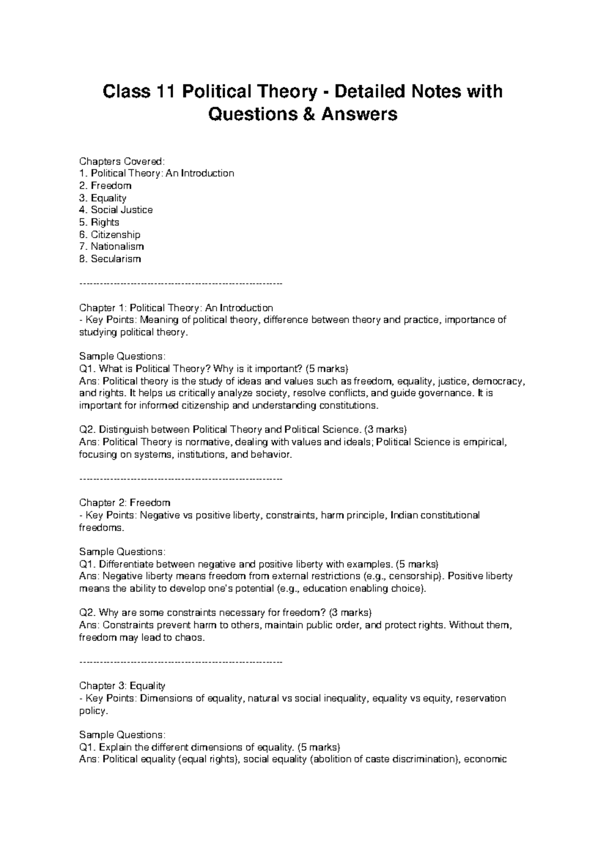 Class 11 Political Theory: Detailed Notes & Q&A on Key Chapters - Studocu