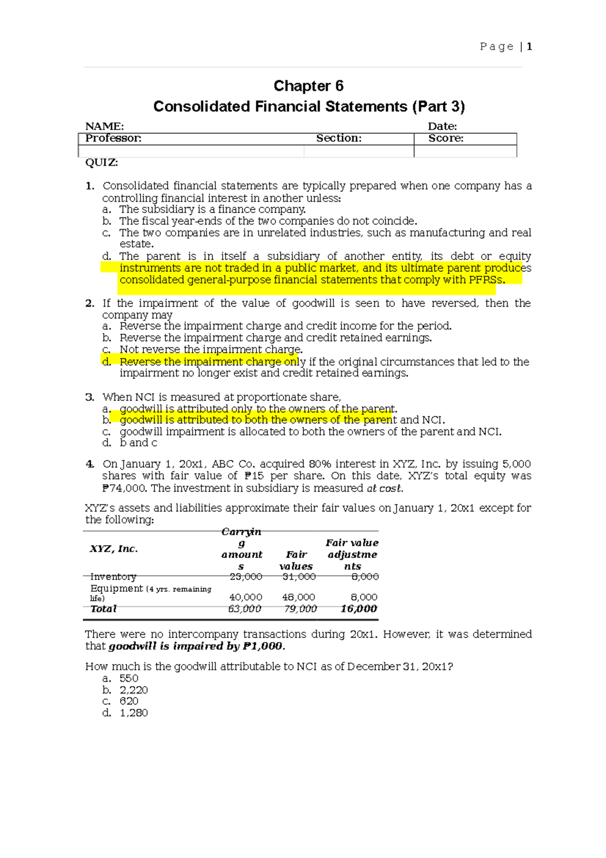 Quiz: Consolidated Financial Statements (Part 3) for Course Code ABC123 ...