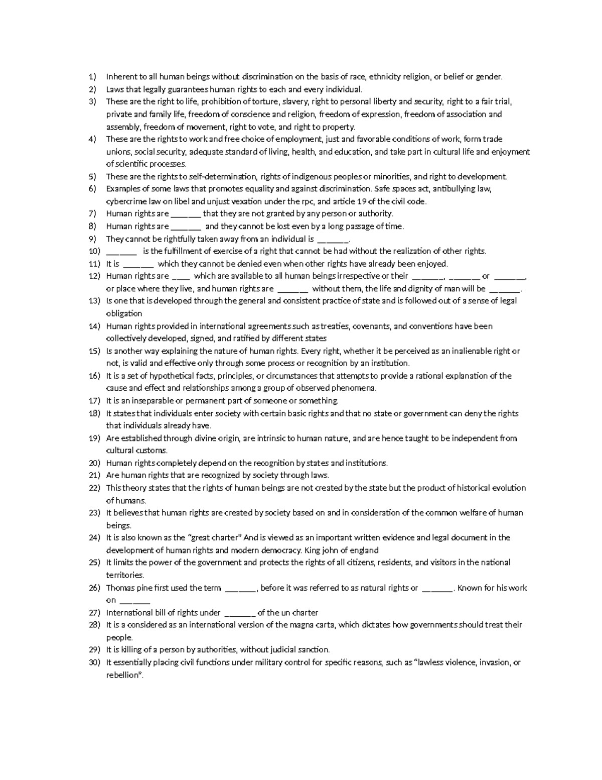 CLJ 2 Prelim Questionnaire: Understanding Human Rights and Laws - Studocu