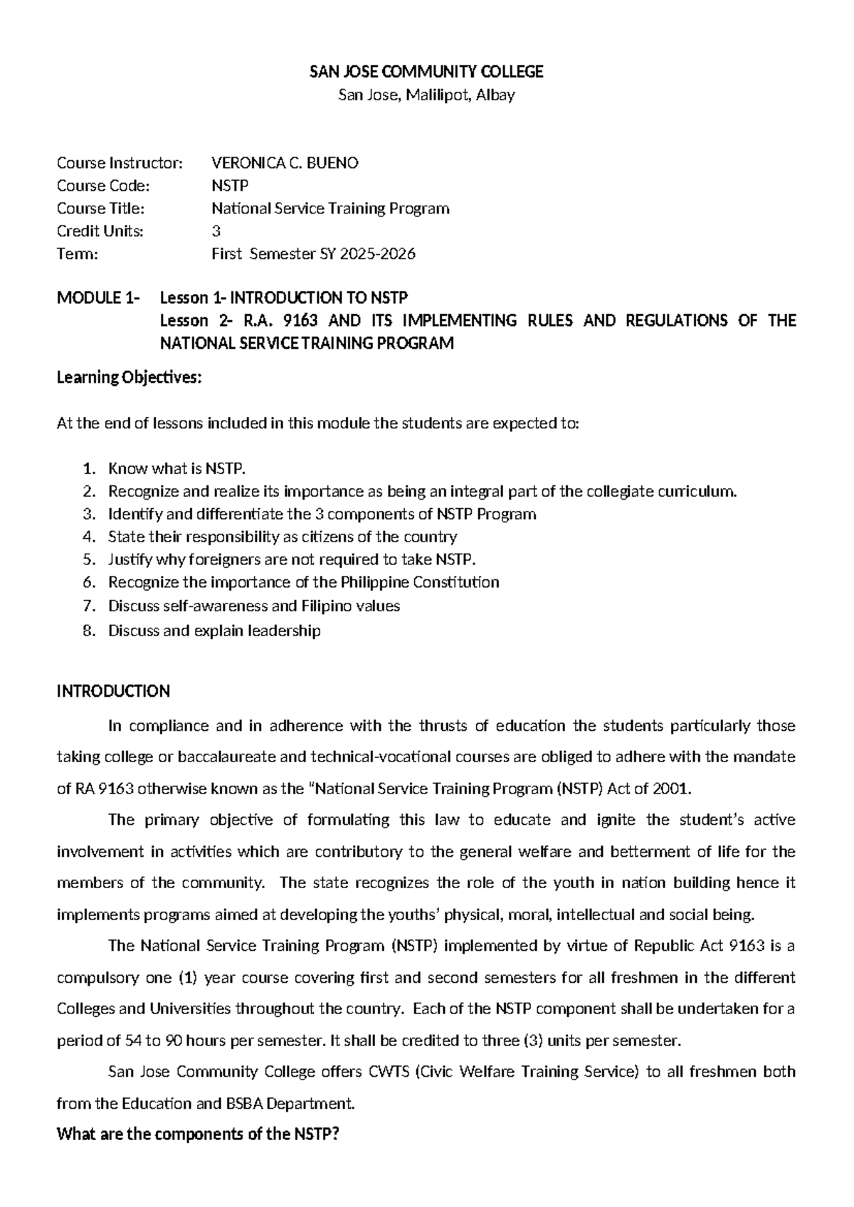 NSTP 3 Lesson: Introduction to RA 9163 and Its Implementing Rules - Studocu
