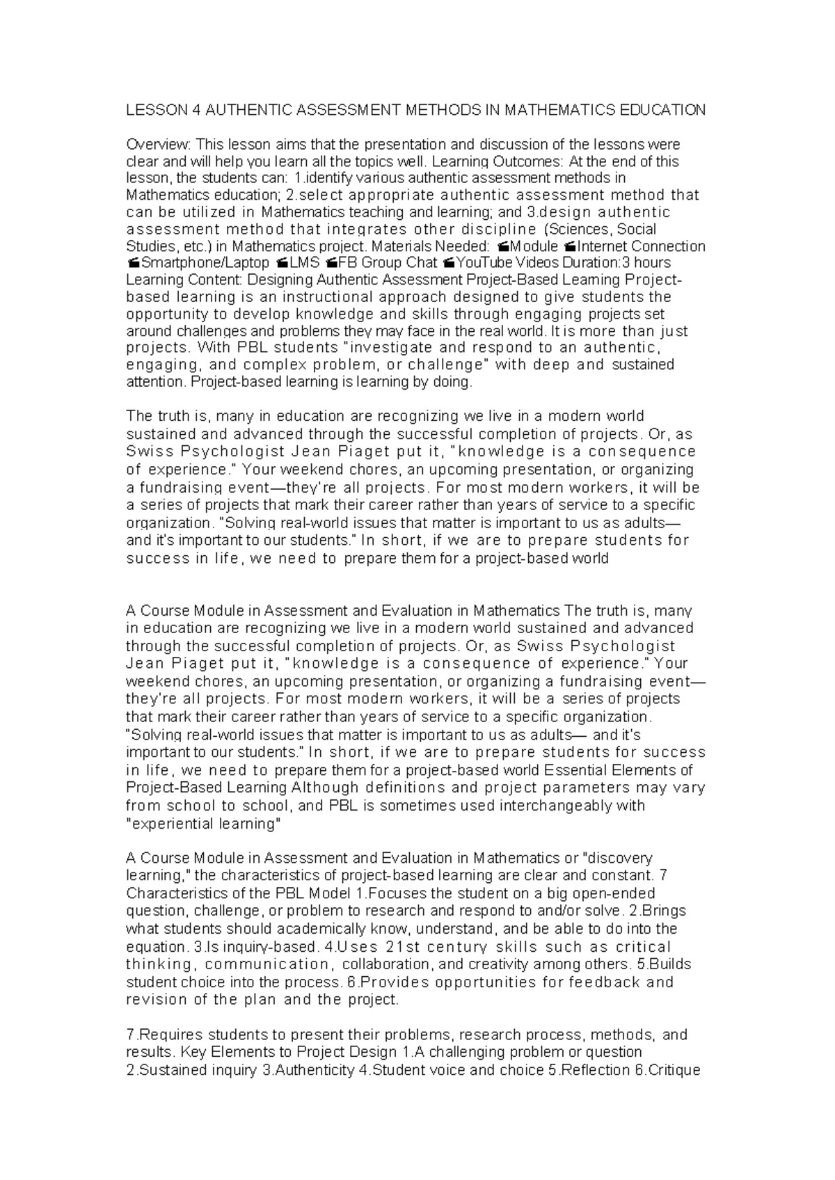 Lesson 4: Authentic Assessment Methods in Math Education - Studocu