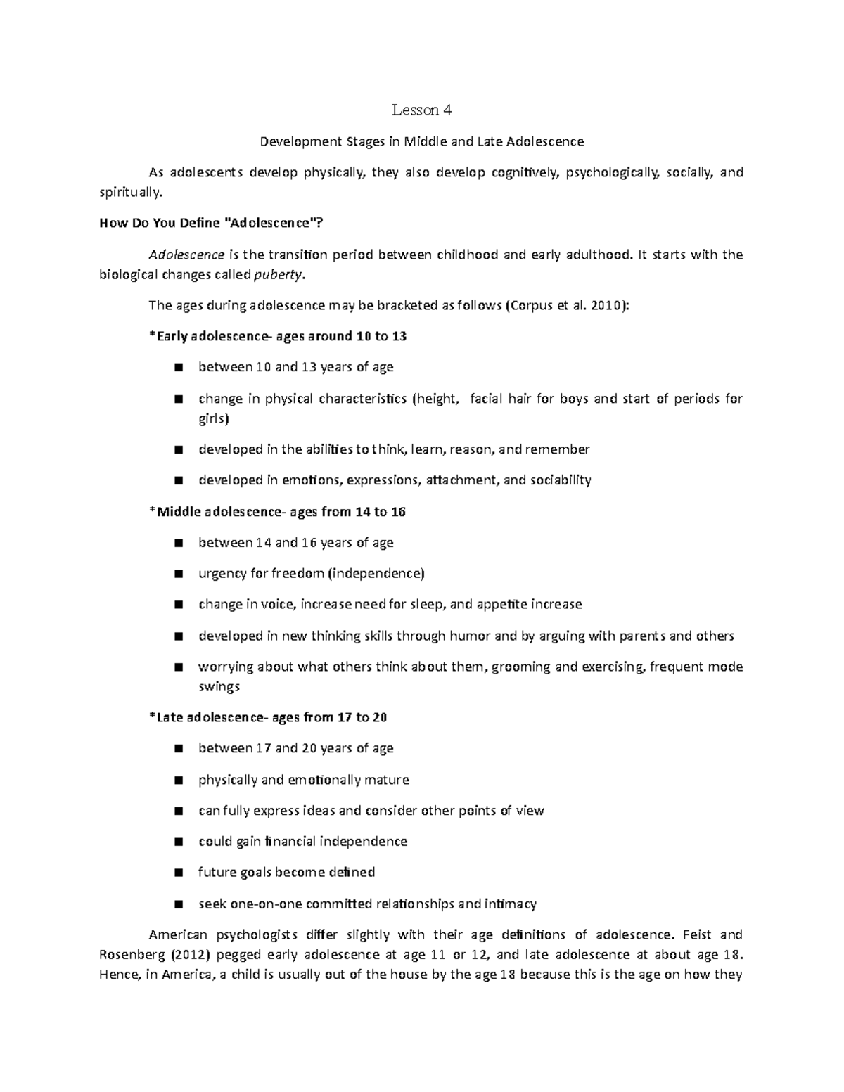 Lesson 4 - Lesson 4 Development Stages in Middle and Late Adolescence ...