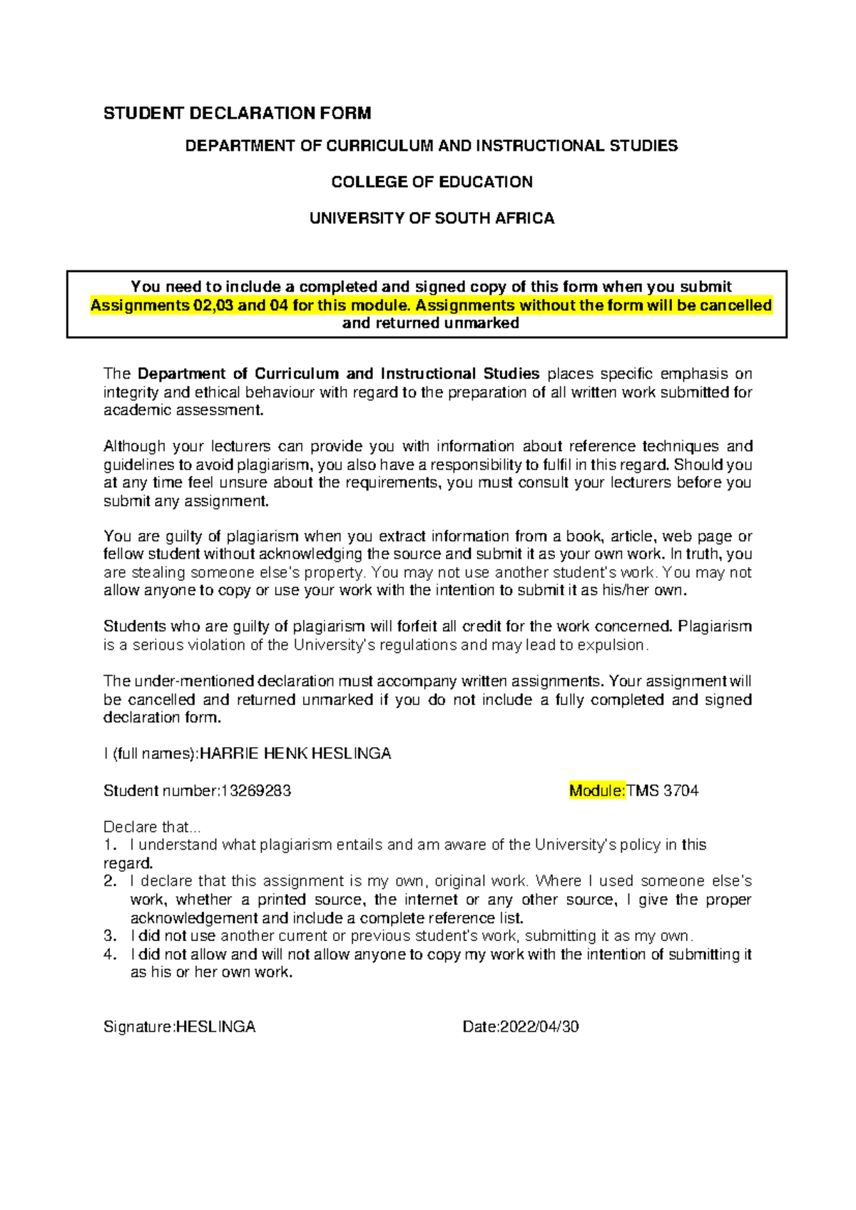 TMS 3704 ASS 1 - Student Declaration & Assignment Guidelines - Studocu