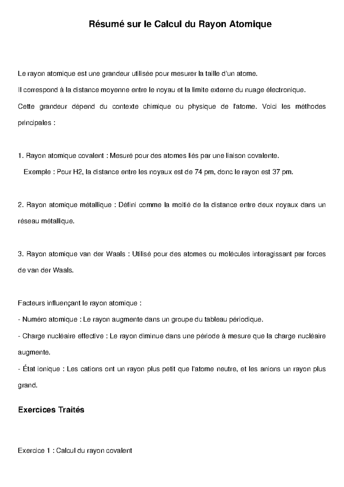 Exercices sur le Rayon Atomique : Calculs et Méthodes Détaillées - Studocu