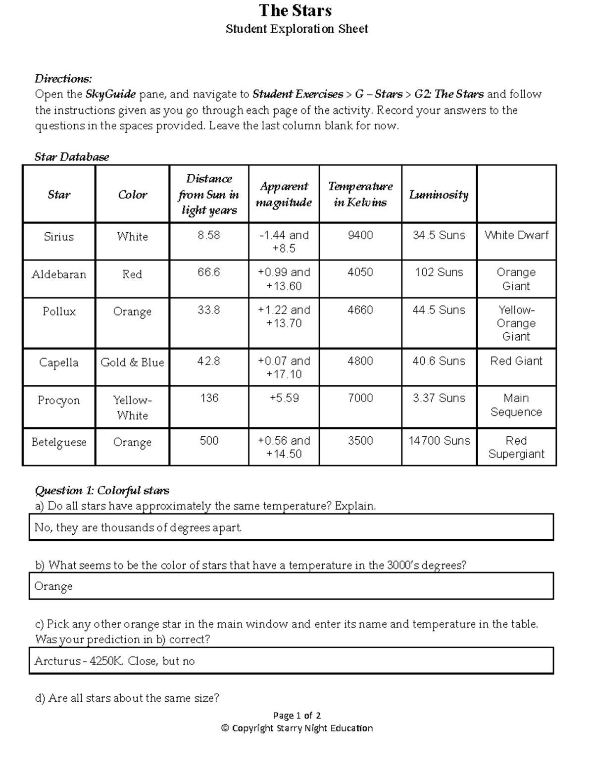 Starry Night The Stars L - The Stars Student Exploration Sheet ...