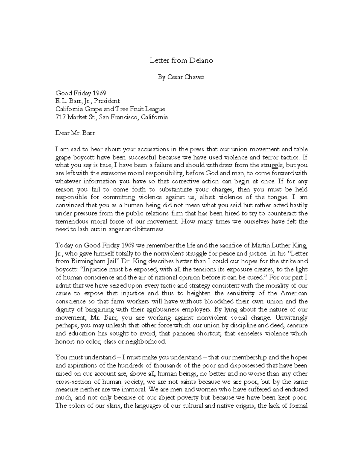 Cesar Chavez's Letter on Nonviolent Resistance in Delano, 1969 - Studocu