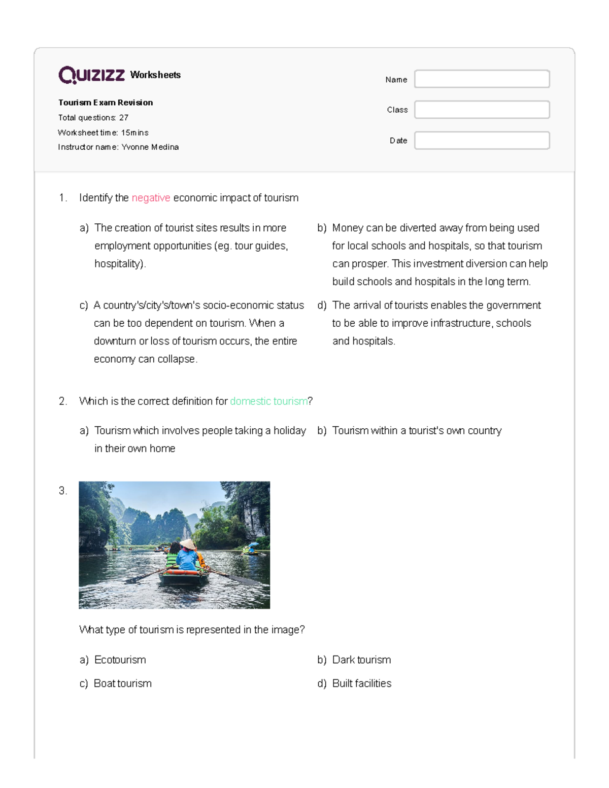 Tourism - Worksheets Tourism Exam Revision Total questions: 27 ...