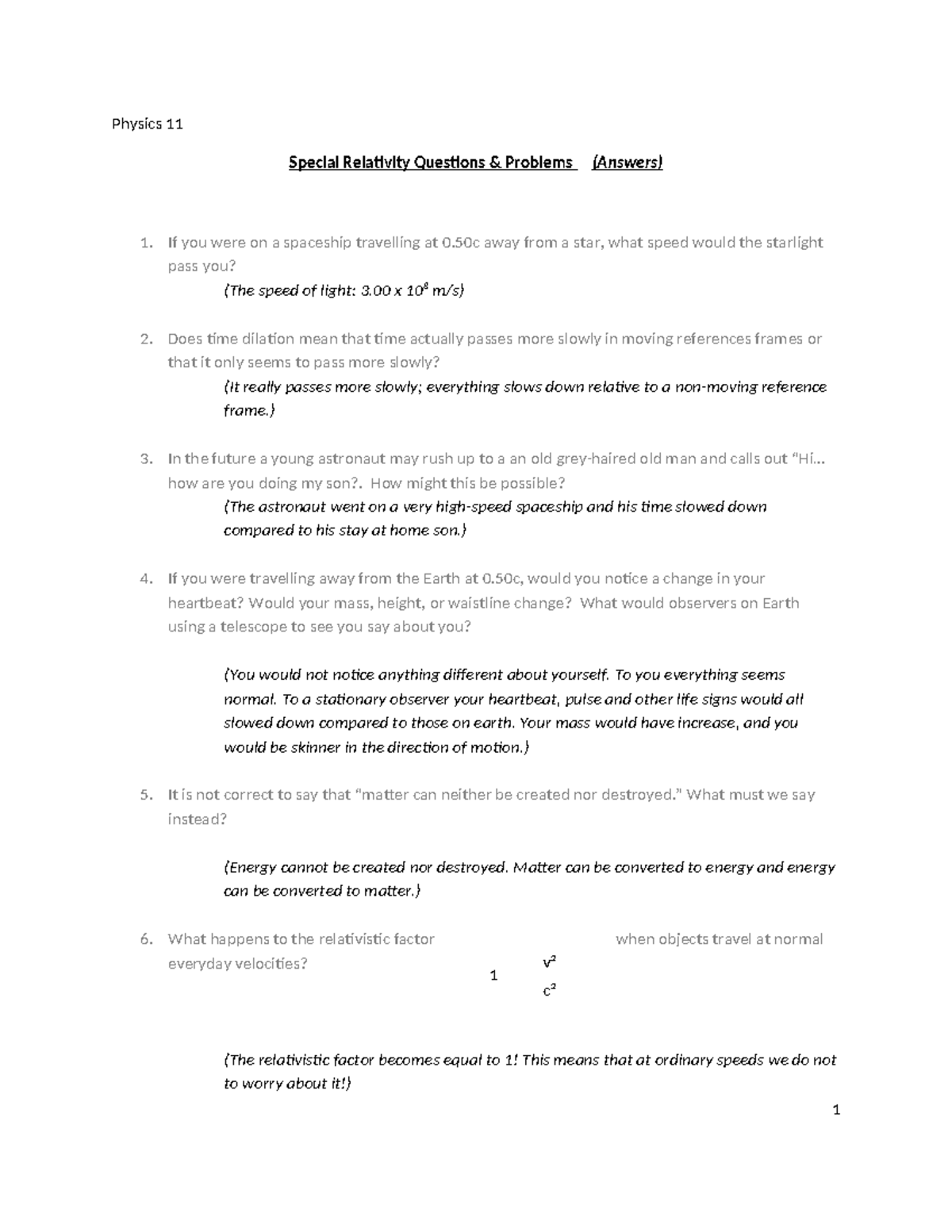 Physics 11 Special Relativity Worksheet - Questions & Answers - Studocu