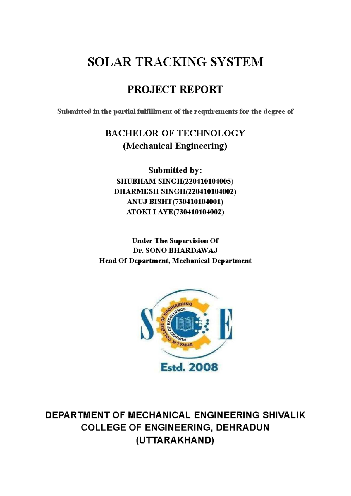 Solar Tracking System Project Report - B.Tech (Mechanical Engg) - Studocu