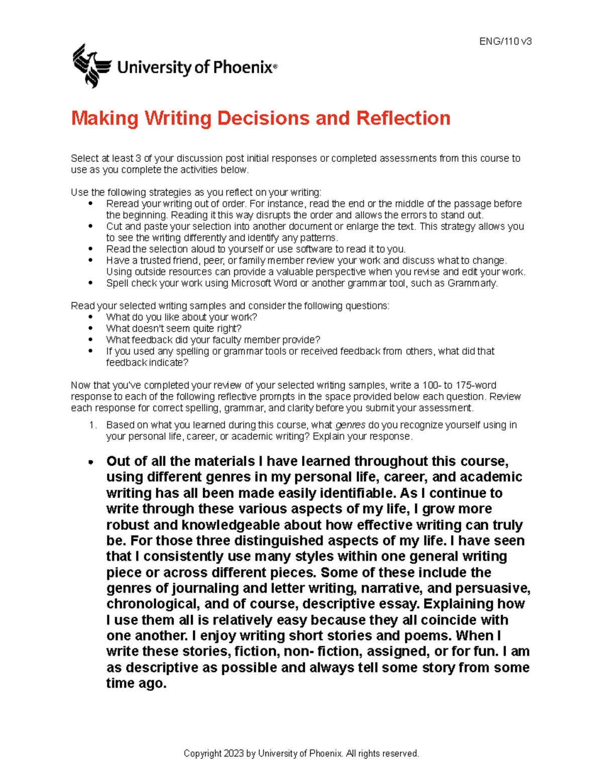 ENG/110 Week 5: Reflection on Writing Choices and Strategies - Studocu