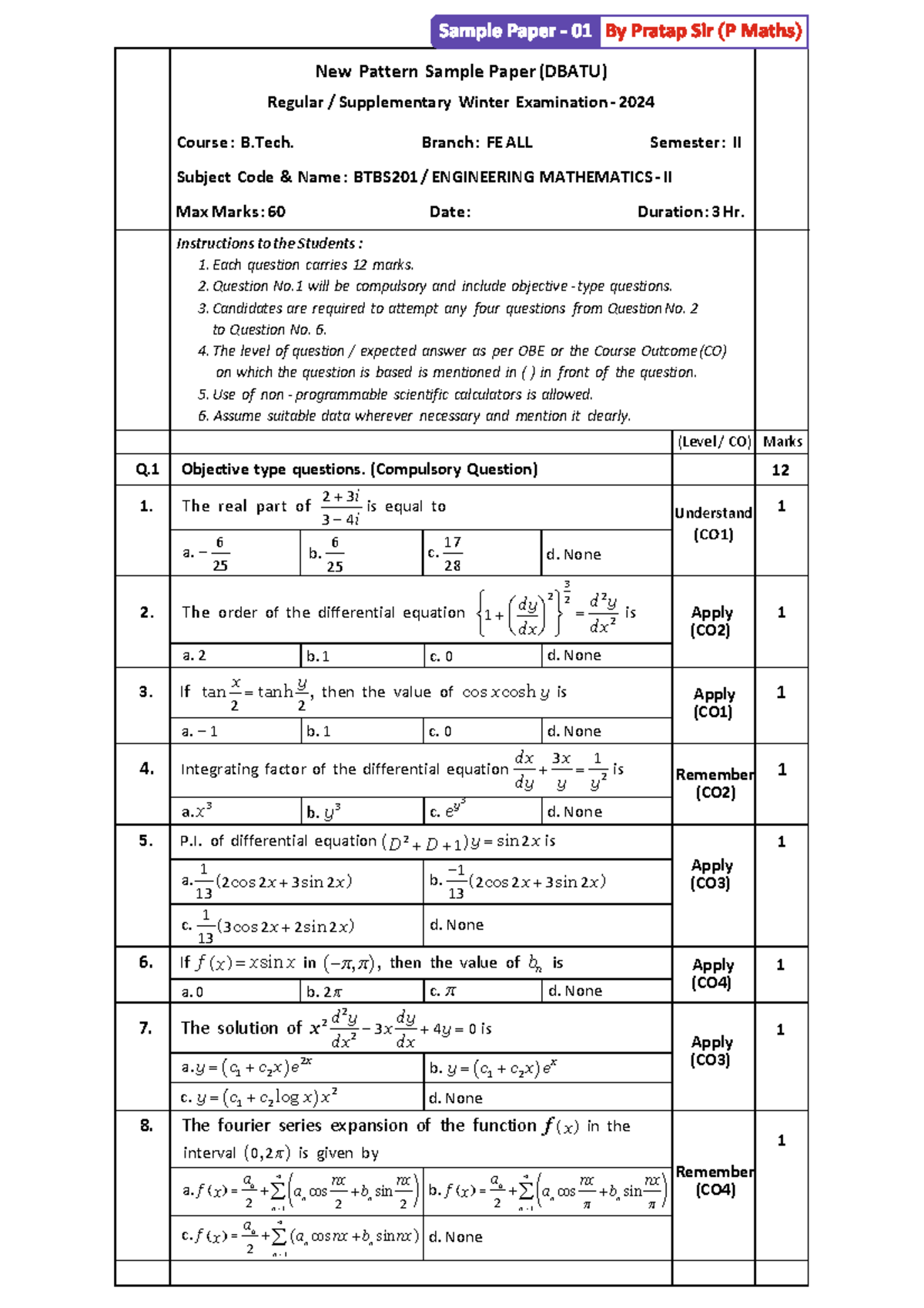 DBATU (BTBS201) Engineering Mathematics II Sample Paper 01 - Studocu