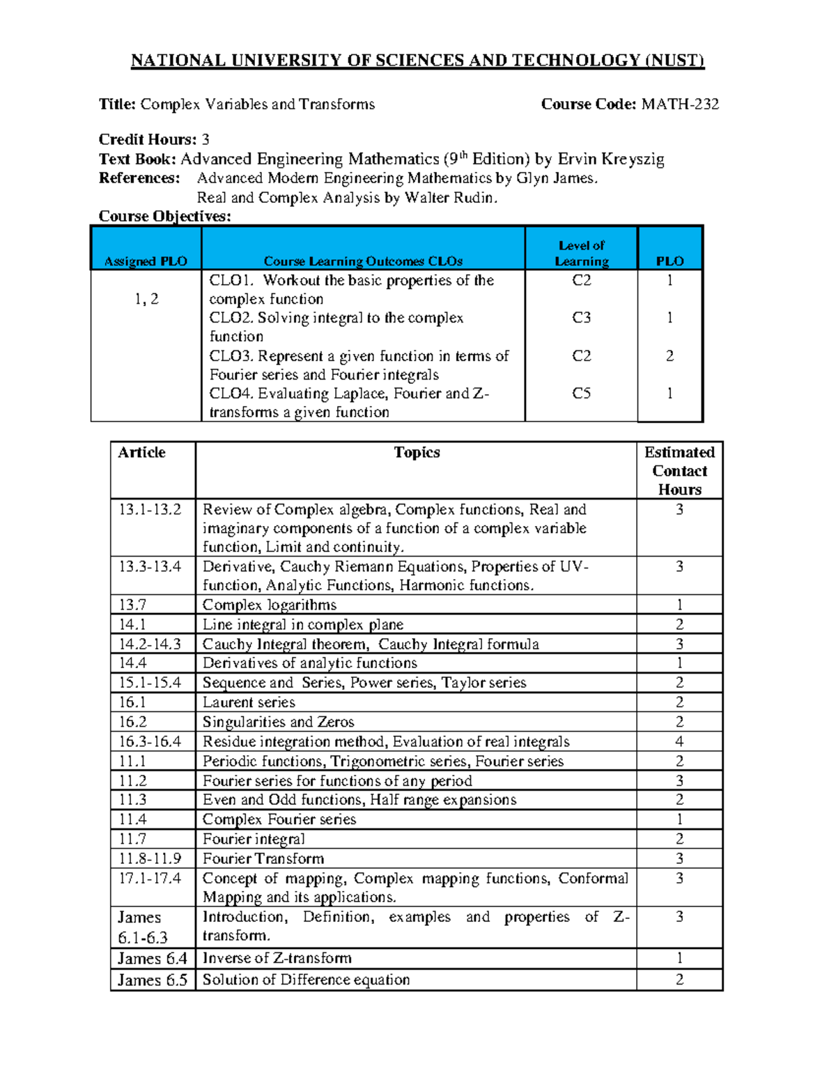 Complex Variables & Transforms Course Outline - MATH 232 - Studocu