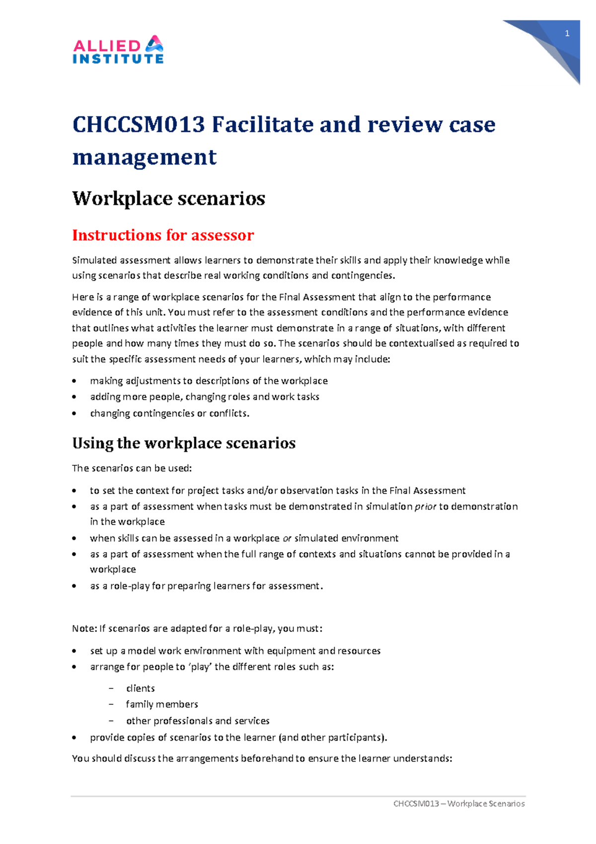 CHCCSM013 Final Assessment: Workplace Scenarios for Case Management ...