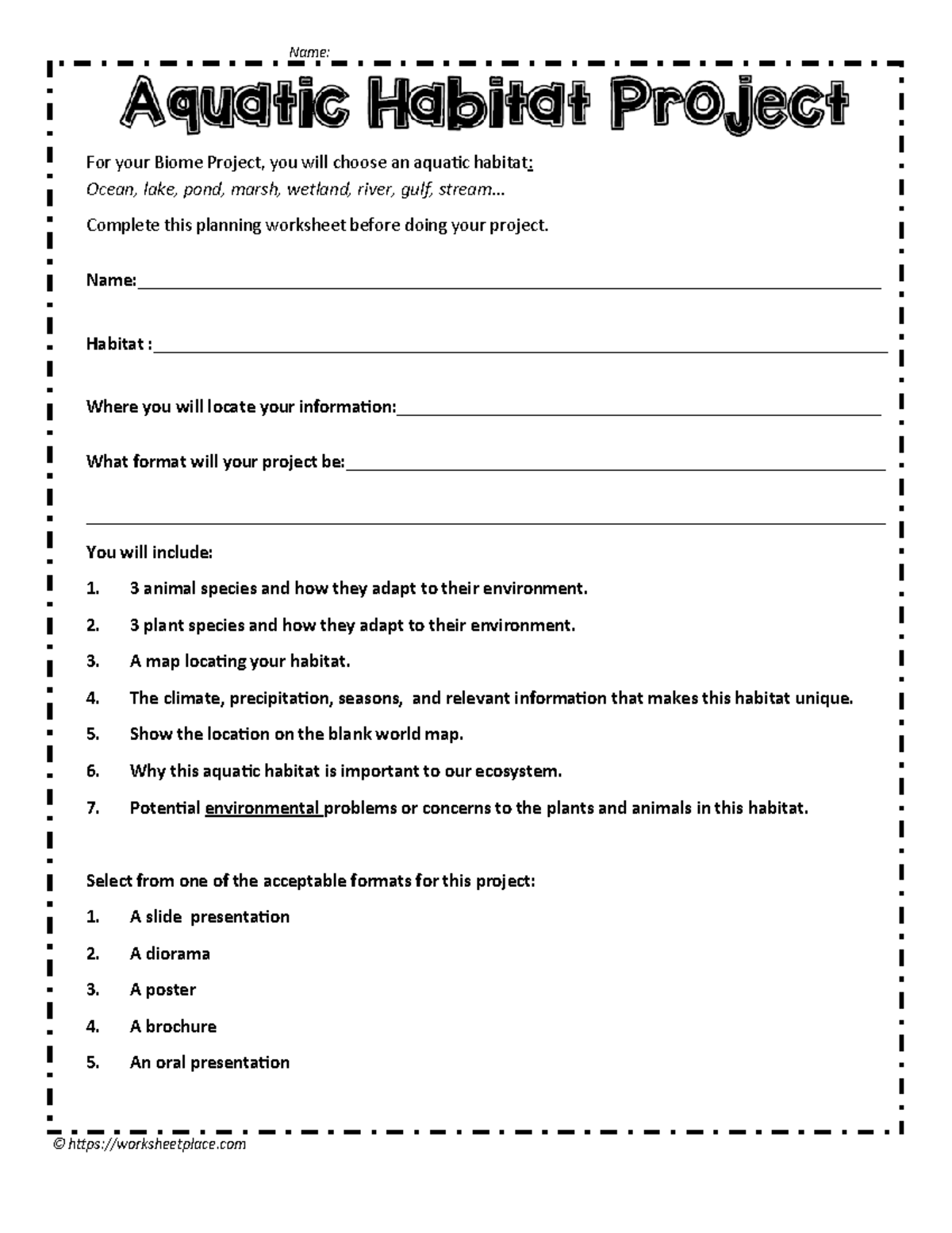 Aquatic Habitat Project Planning Worksheet (BIOME 6) - Studocu
