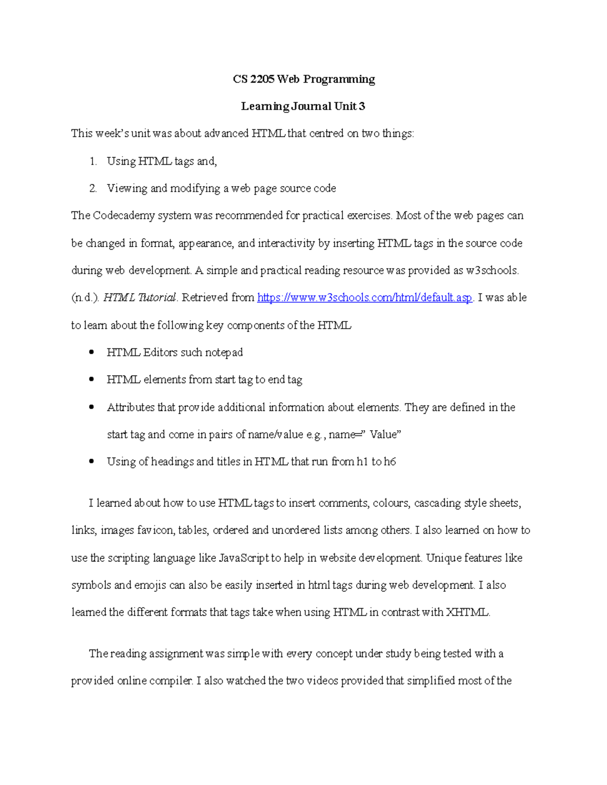 CS 2205 Web Programming Learning Journal Unit 3 - Studocu