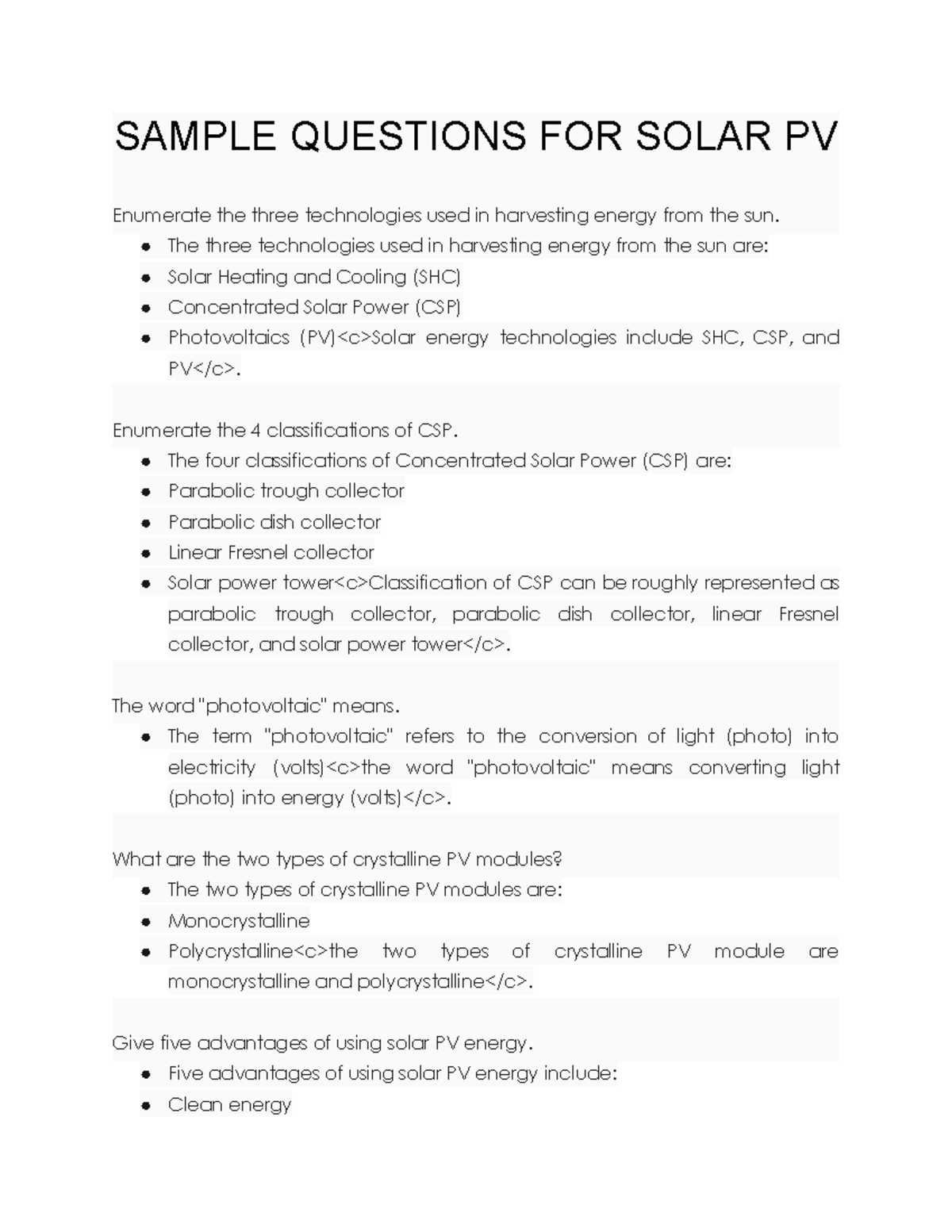 Sample Questions for Solar PV Technologies and Concepts - Studocu
