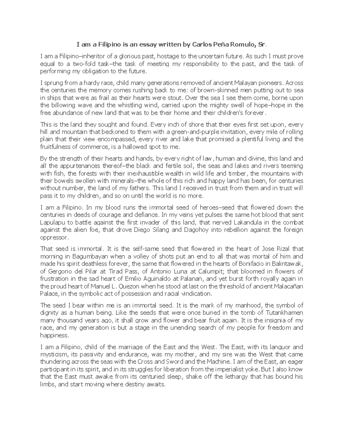 "I Am a Filipino - Essay Analysis by Carlos Romulo (ENG 101)" - Studocu