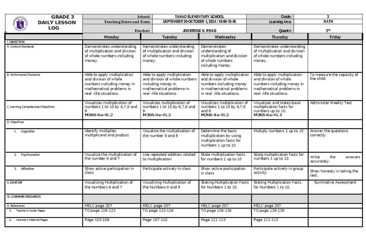 MATH-WEEK-1 - dll in math 3 - GRADE 3 DAILY LESSON LOG School: TAMAG ...