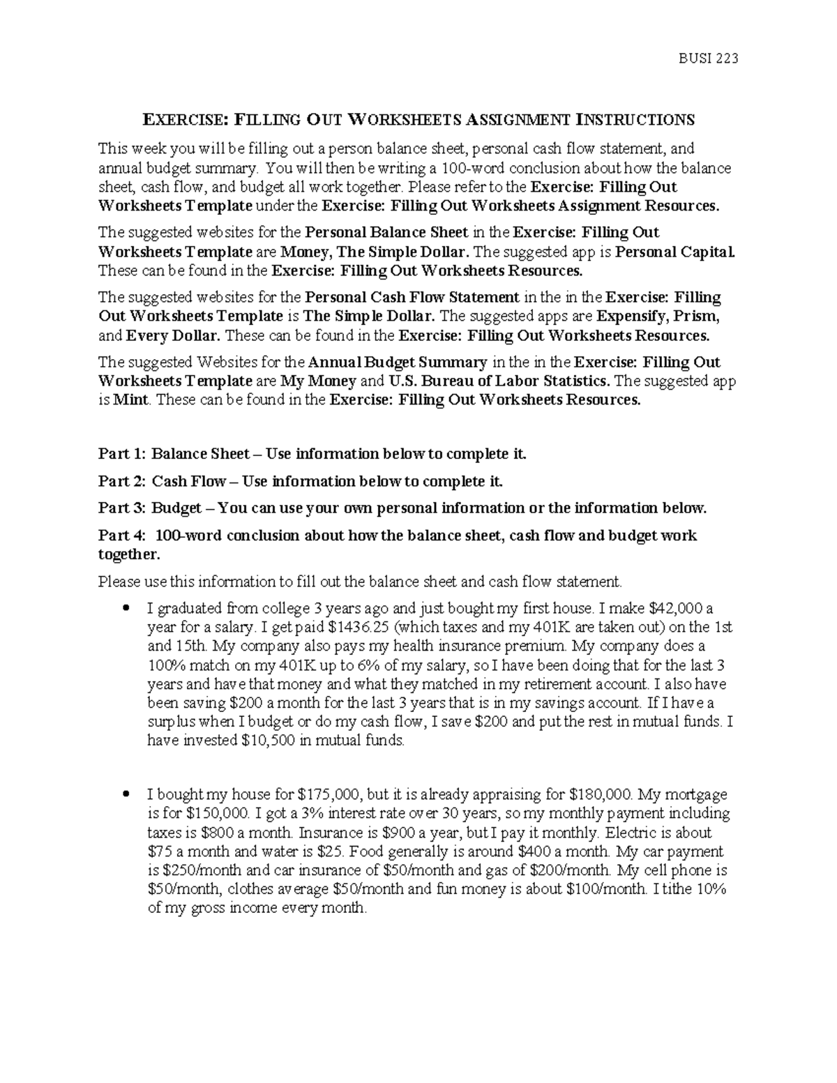 BUSI 223 Exercise: Filling Out Worksheets Assignment Instructions - Studocu