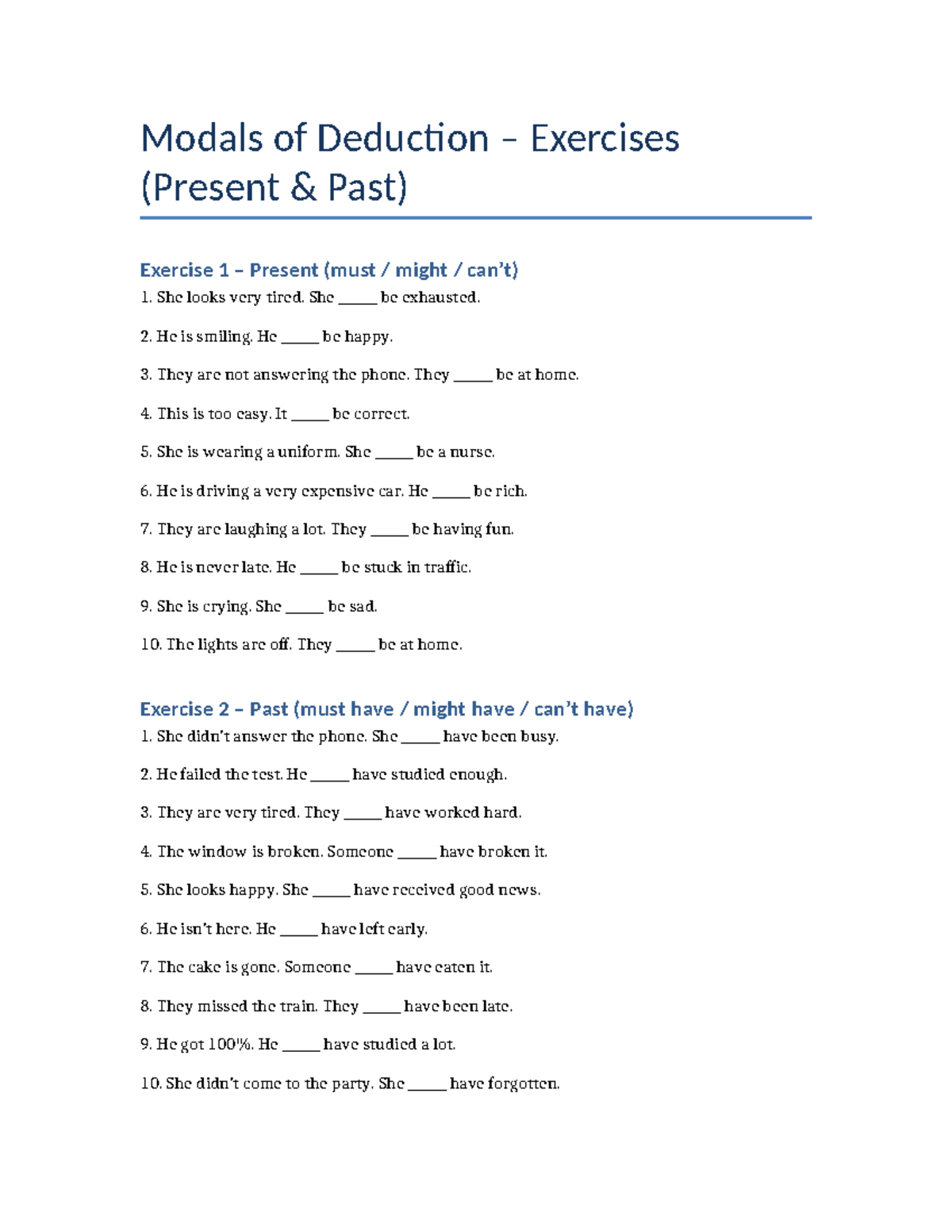 Modals of Deduction Exercises (Present & Past) - Studocu