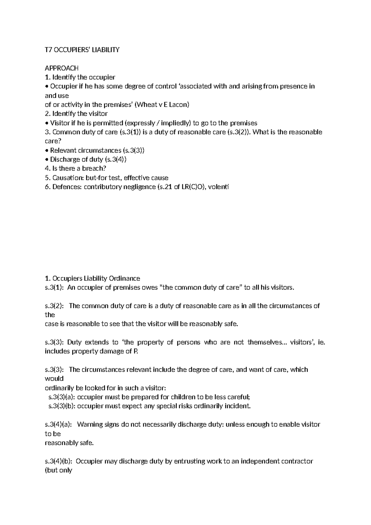 T7 Occupiers Liability - Key Concepts and Legal Principles - Studocu