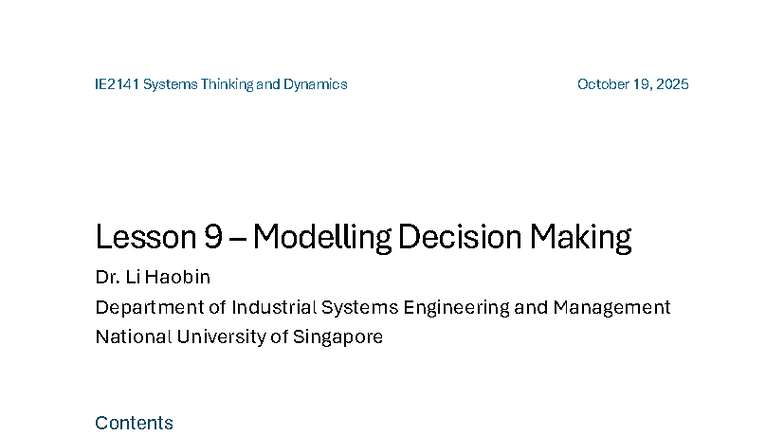 IE2141 Systems Thinking and Dynamics: Lesson 9 - Modelling Decision ...