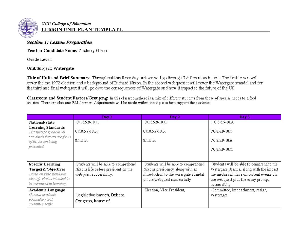GCU EDU 123 Watergate Unit Plan: Lessons on Nixon & Scandal - Studocu