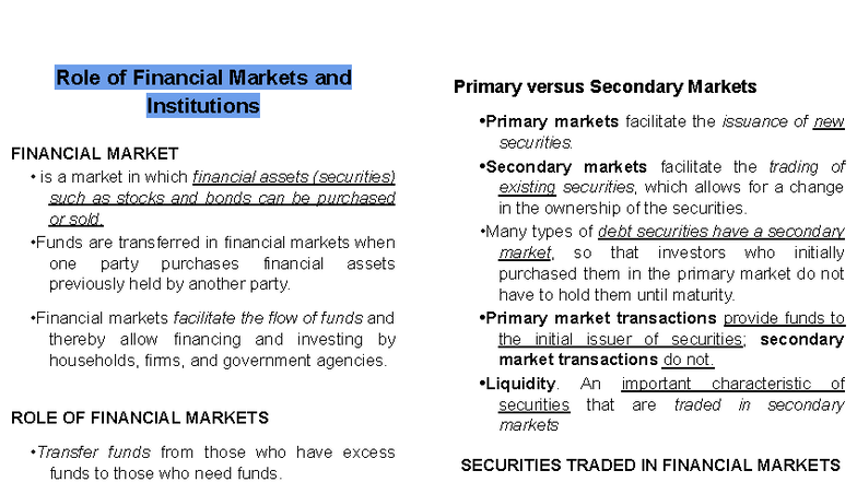 Role of Financial Markets and Institutions: Insights and Impacts (FIN ...