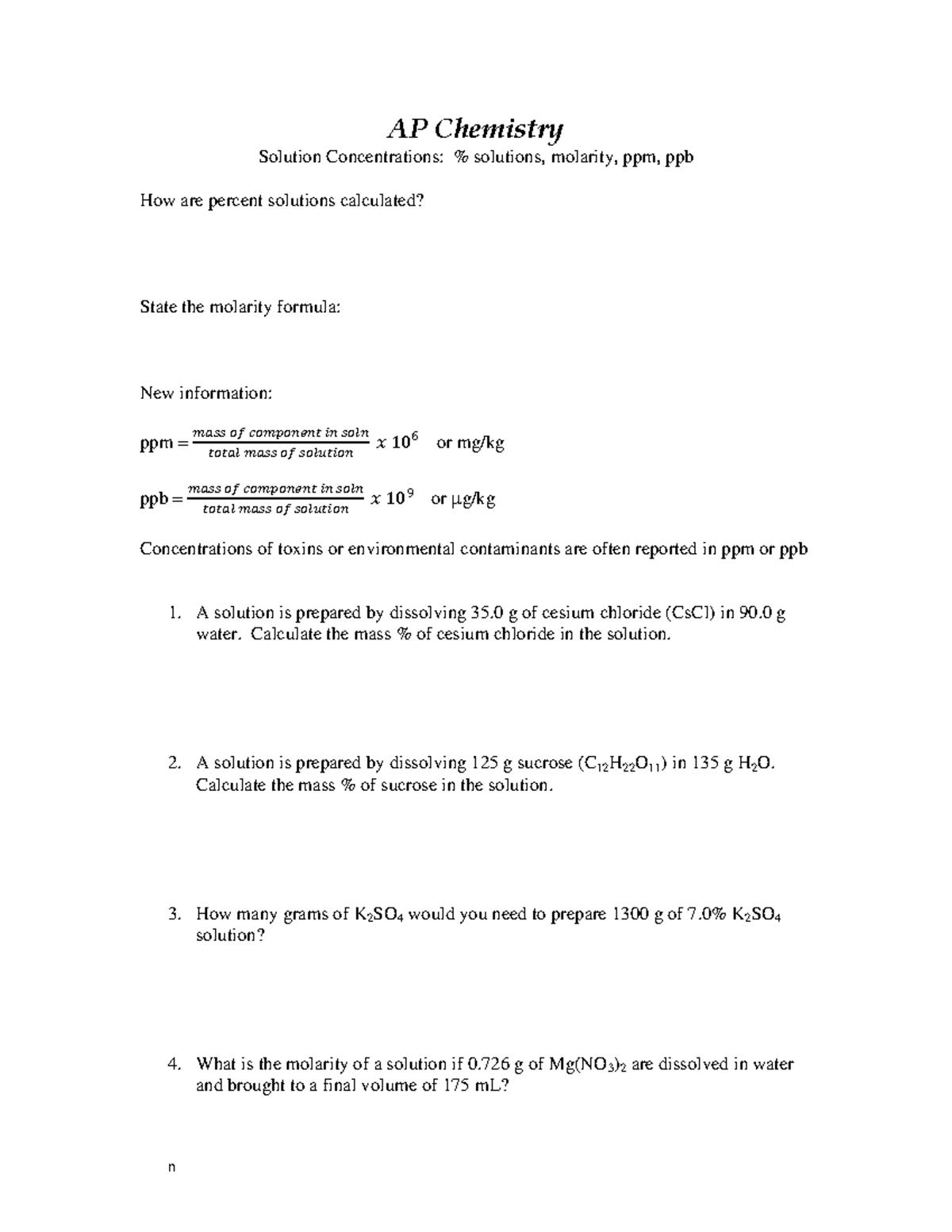 AP Chemistry Concentration Unit Practice: Molarity, ppm, ppb ...