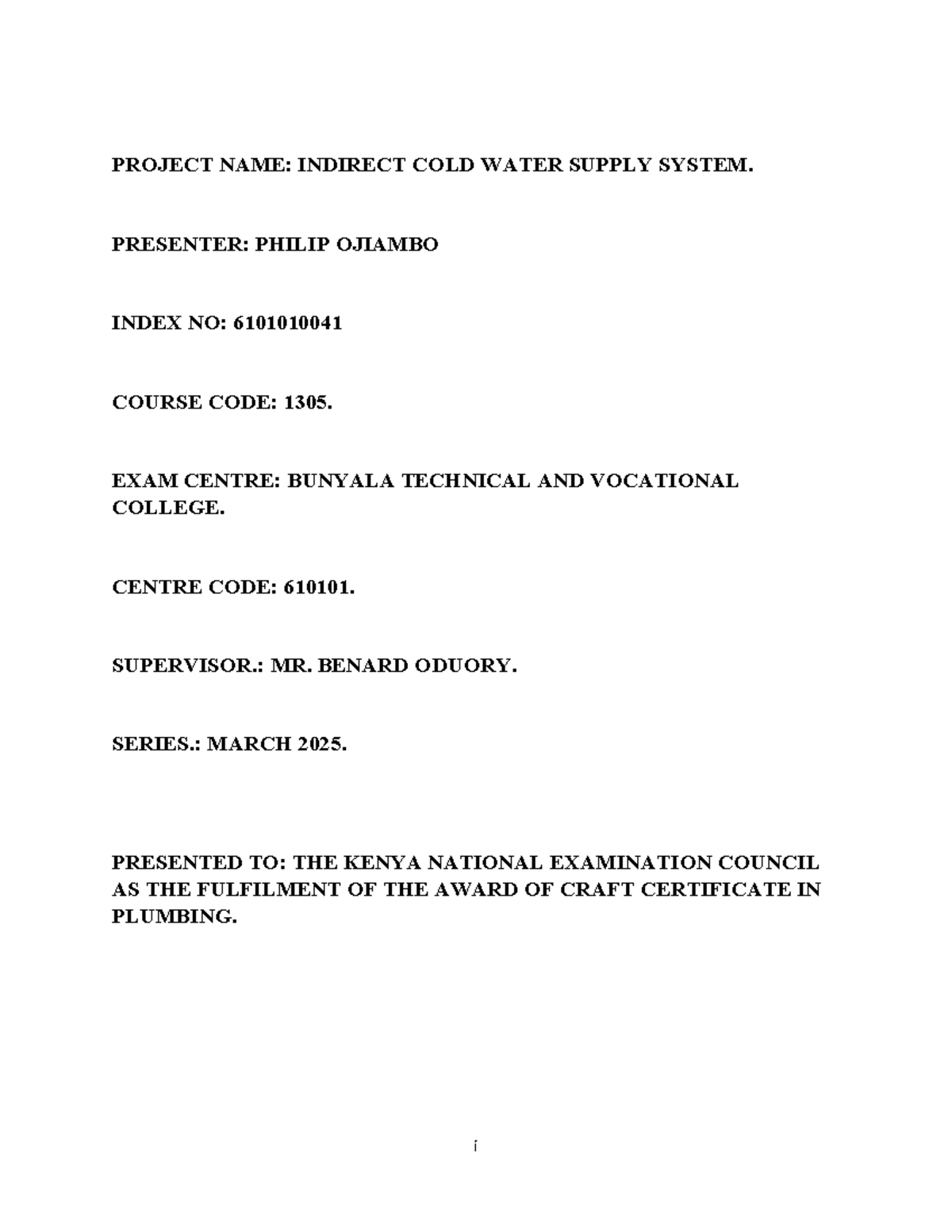 Indirect Cold Water Supply System Project (Course Code: 1305) - Studocu