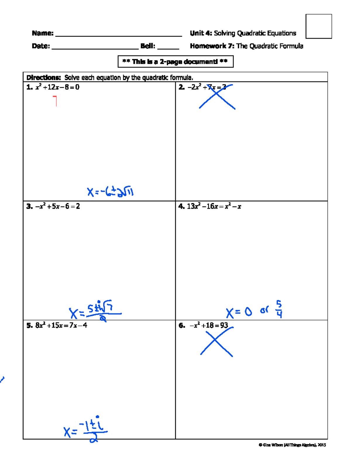 Unit 4: Quadratic Formula Homework 7 Solutions - Studocu