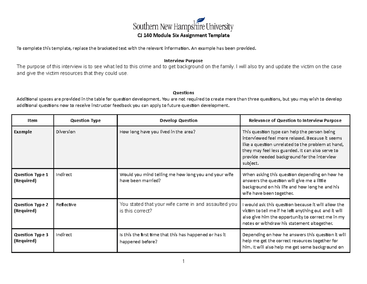 Cj 140 Module Six Assignment Template An Example Has Been Provided Interview Purpose The