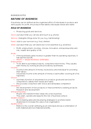 Year 11 Study Notes: Nature of Business Overview and Key Concepts - Studocu
