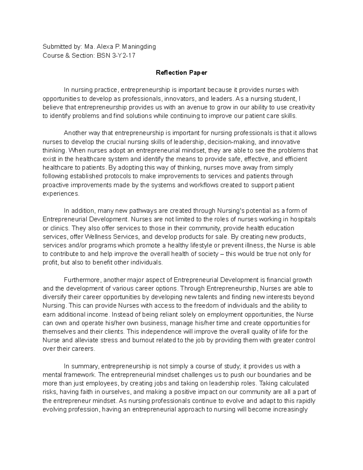 BSN Reflection Paper: The Role of Entrepreneurship in Nursing - Studocu
