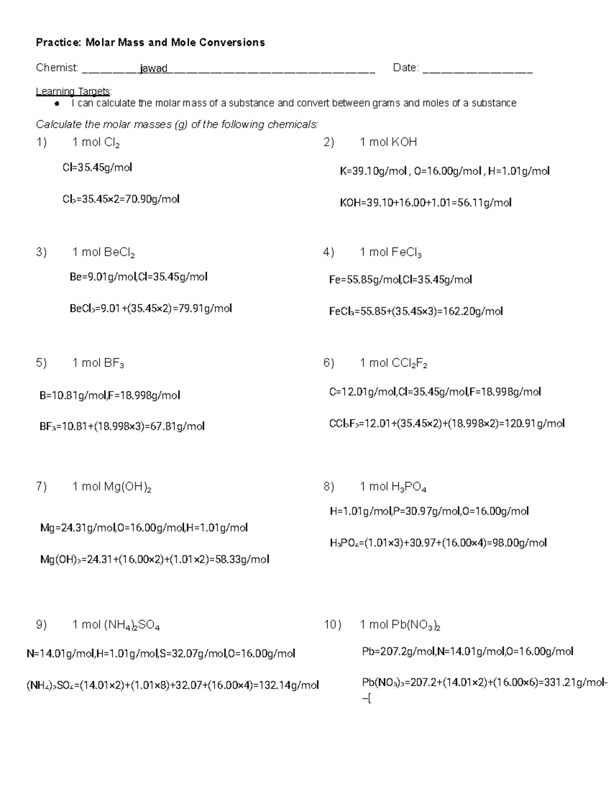MATH 101 - Molar Mass and Mole Conversions Practice Packet - Studocu