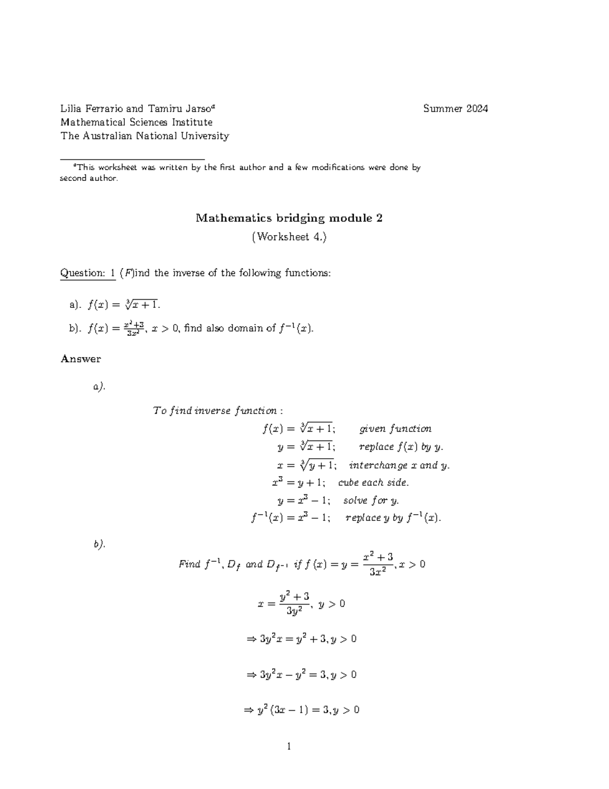 Mathematics Bridging Module 2 (Worksheet 4) - Summer 2024 Solutions - Studocu