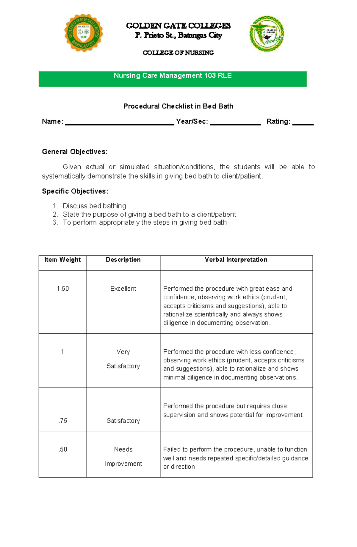 Nursing 103 RLE: Bed Bath Skills Lab Checklist & Assessment Guide - Studocu
