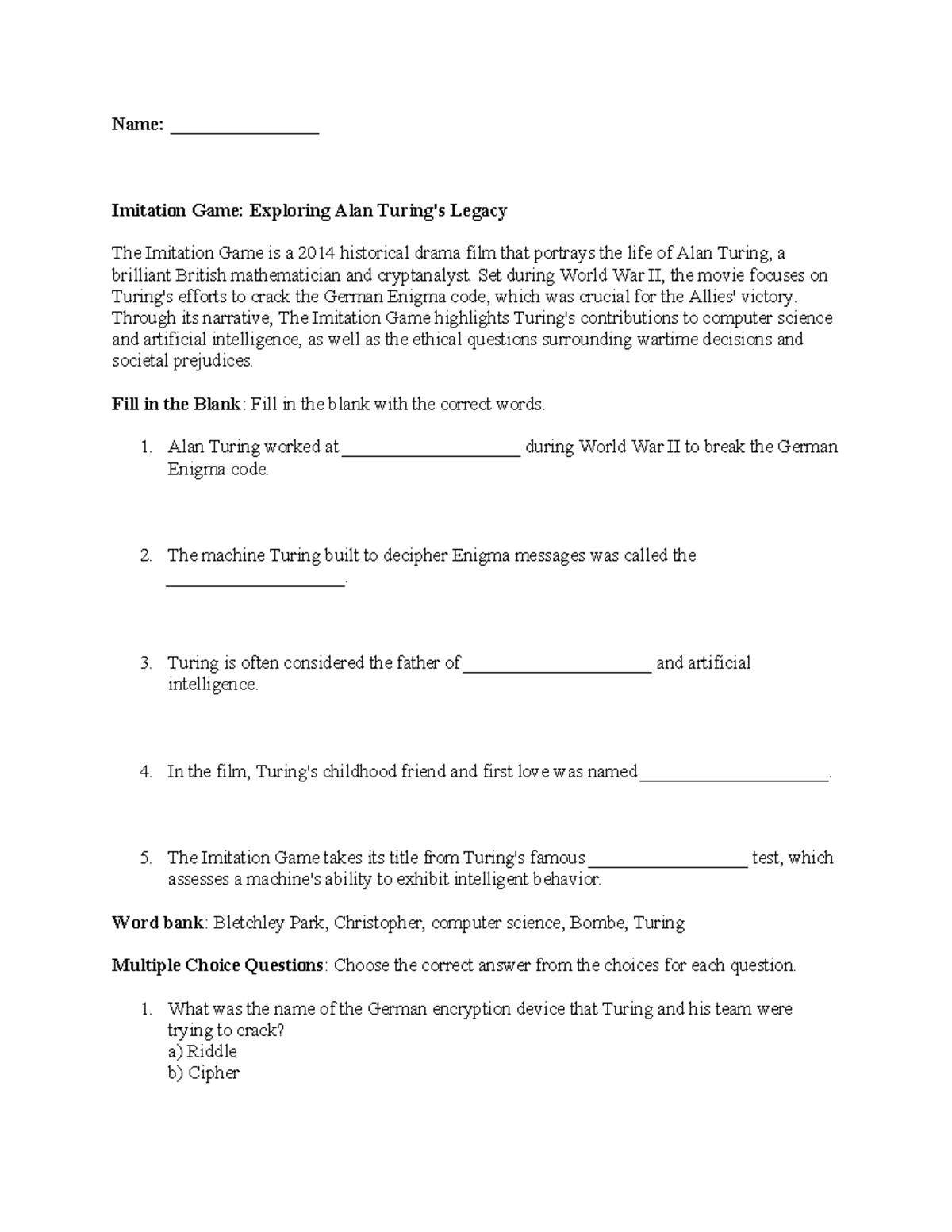 Imitation Game Worksheet R1: Alan Turing's Legacy Exploration - Studocu