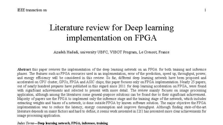 Literature Review on Deep Learning Implementation on FPGA (ENGR 101) - Studocu