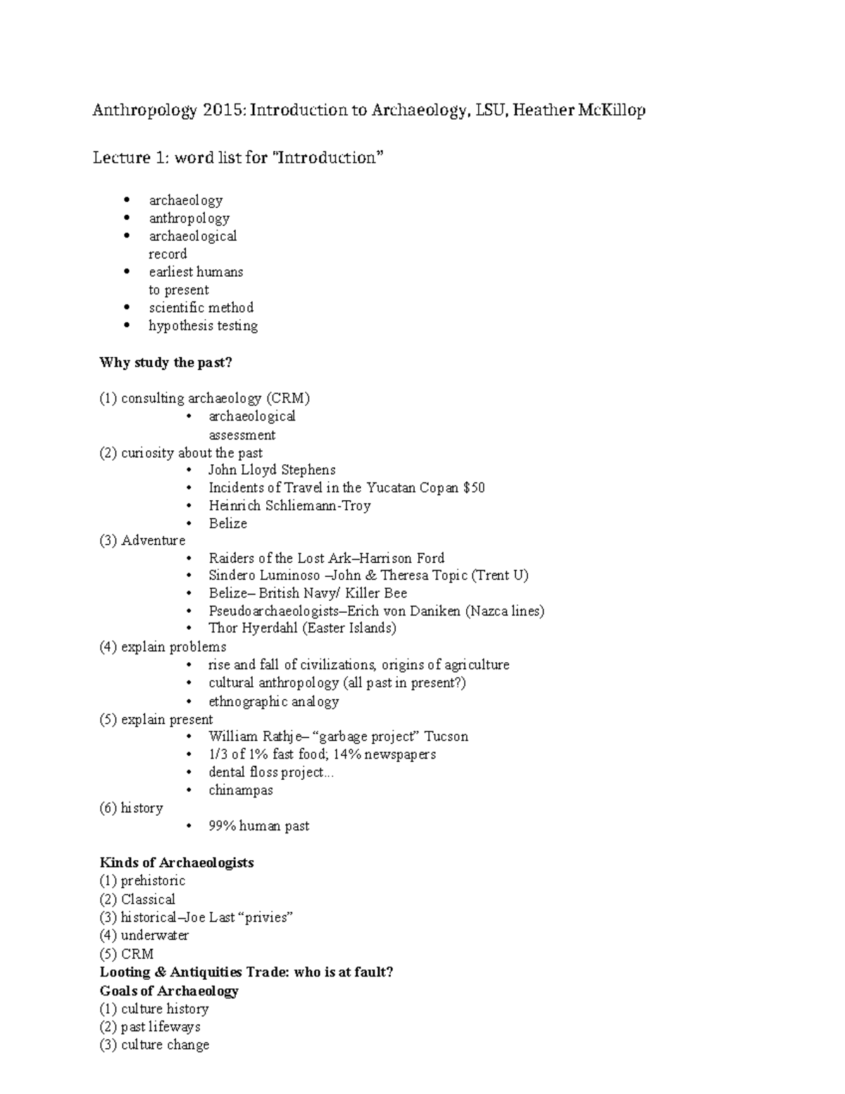 Anthropology 2015: Intro to Archaeology Lecture Notes (LSU) - Studocu