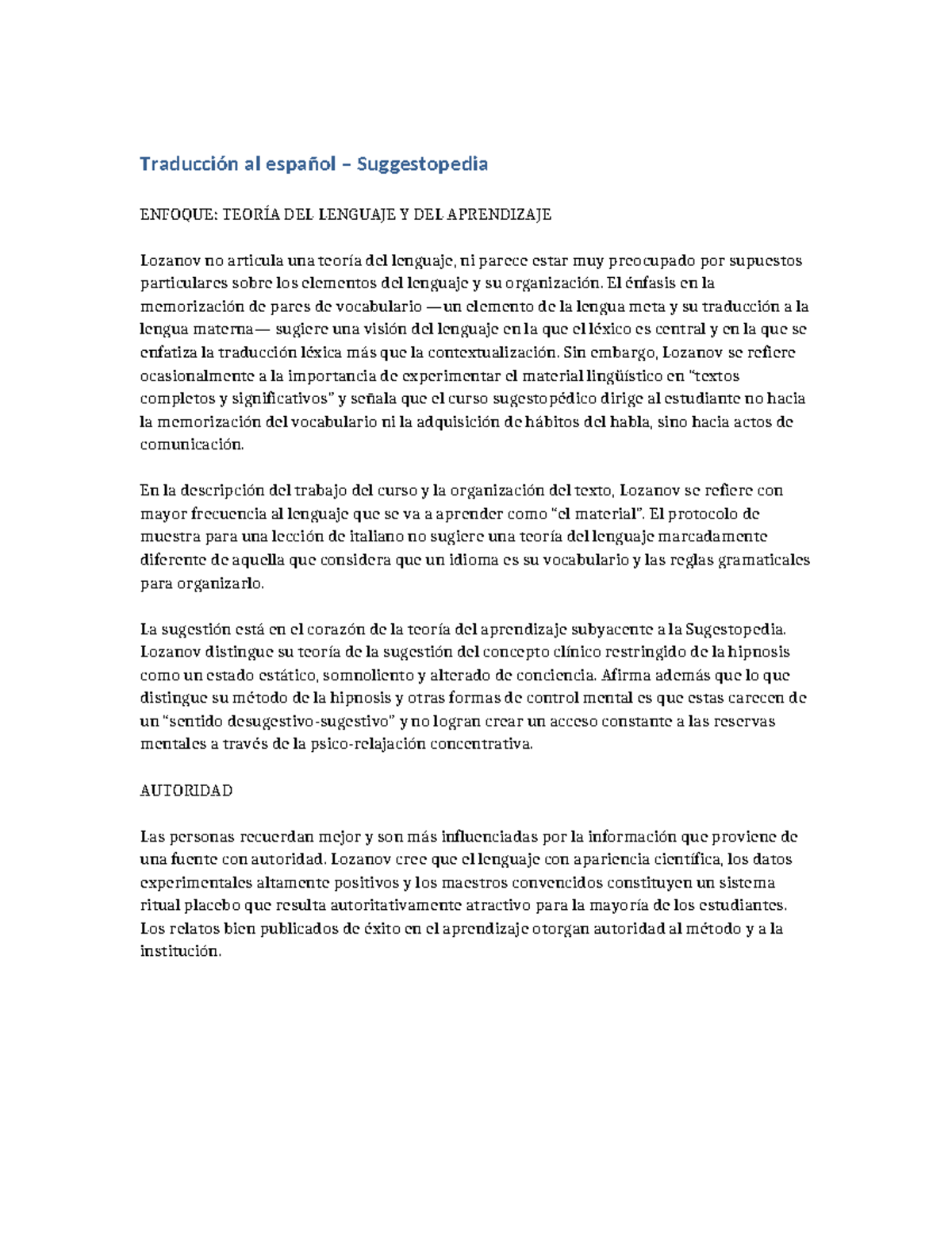 Traducción al Español de la Sugestopedia: Teoría y Aprendizaje - Studocu
